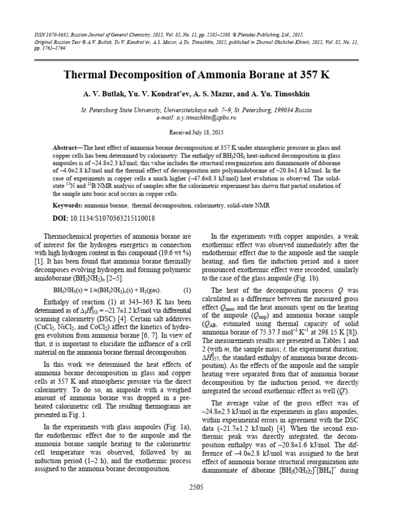 Thermal Decomposition Of Ammonia Borane At 357 K A V Butlak Yu V