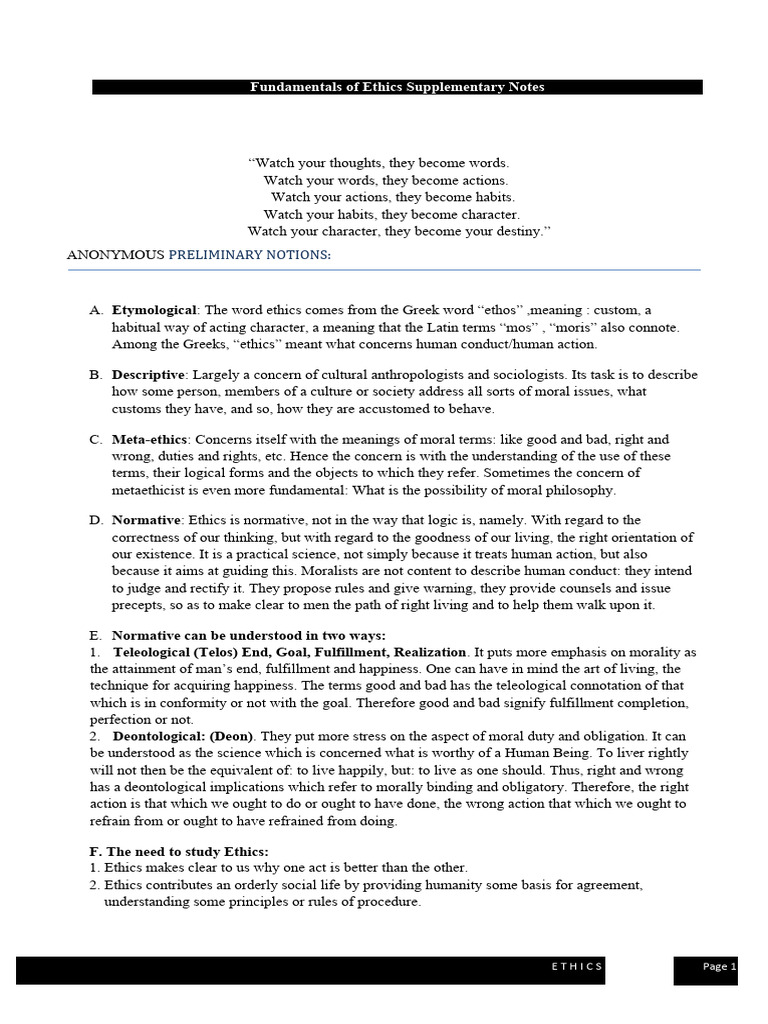 Fundamentals of Ethics Supplementary Notes | PDF | Justice | Crime ...