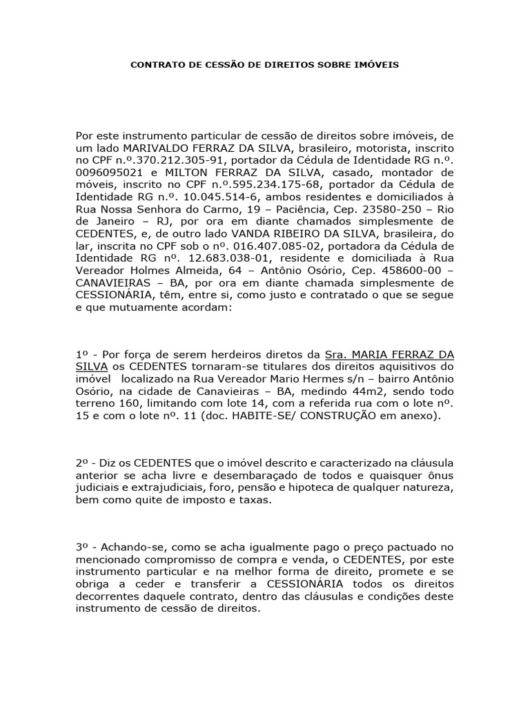 Contrato De Cessão De Direitos Sobre Imóveis Marivaldo Pdf Economias