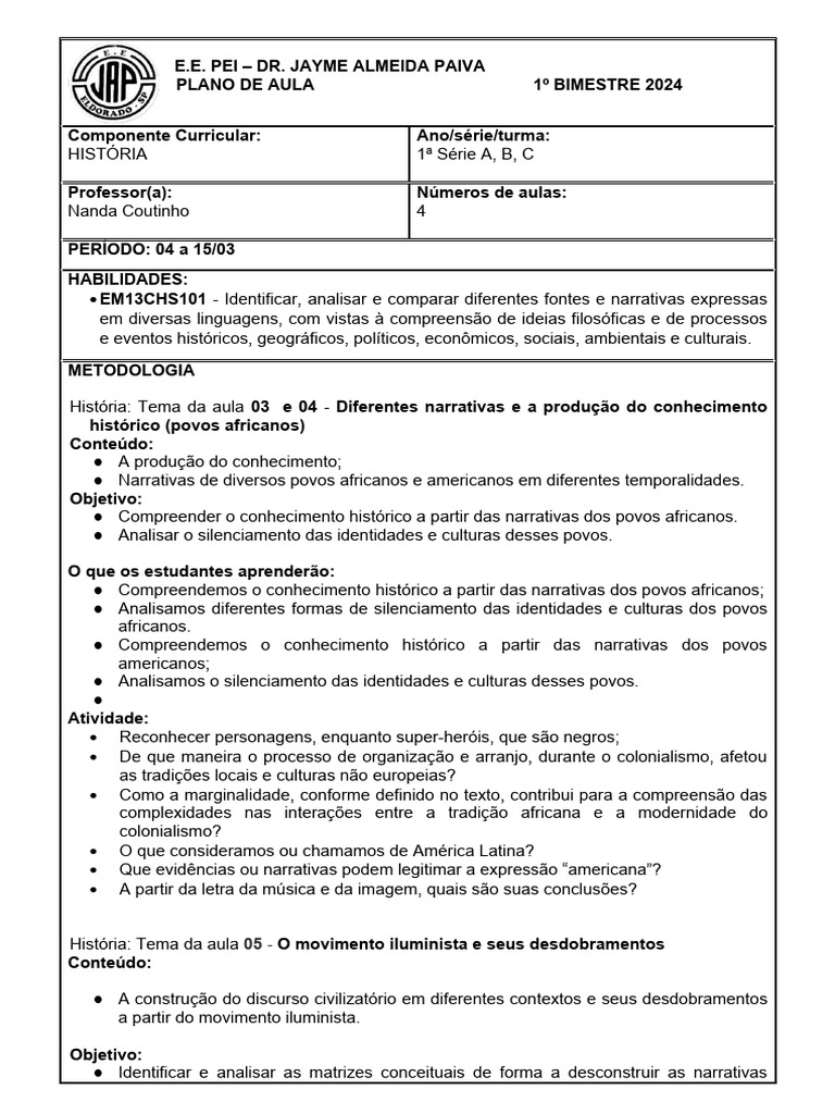 Plano de Aula EM - Prof Nanda | PDF | Direitos Humanos | Humano