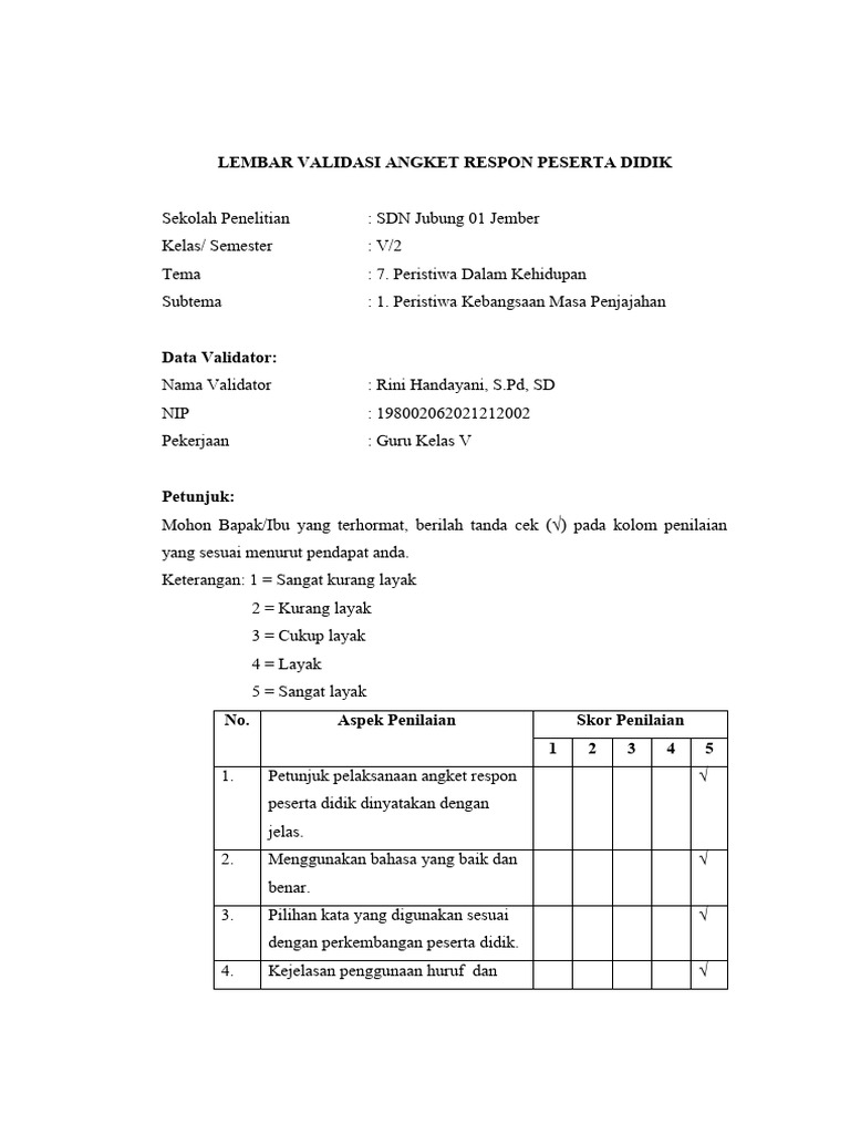 Lembar Validasi Angket Respon Peserta | PDF
