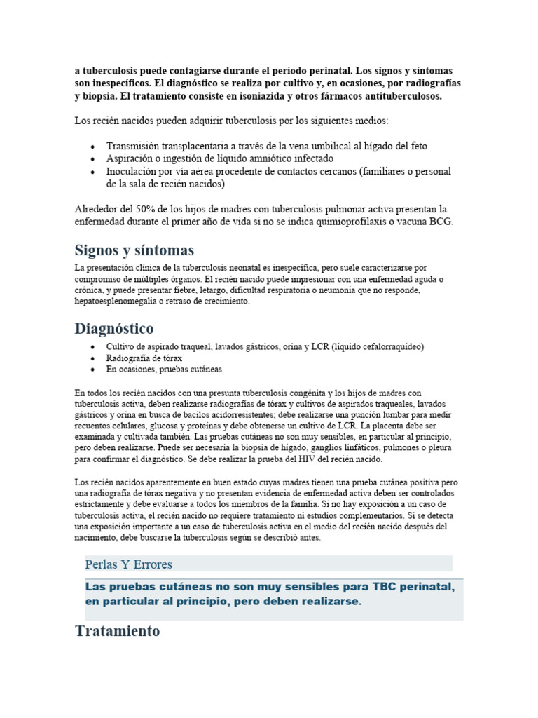 Tuberculosis Perinatal: Diagnóstico y Tratamiento | PDF | Tuberculosis ...