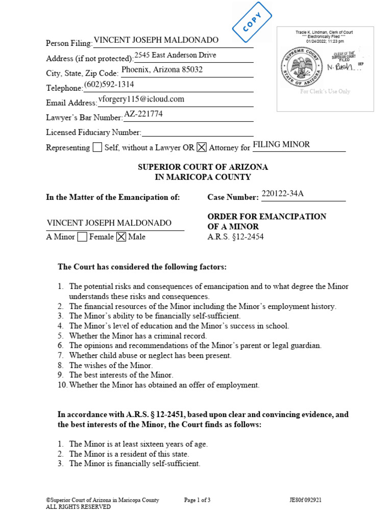 Emancipation Documentation - Maldonado, Vincent | Download Free PDF | Minor (Law) | Child Support