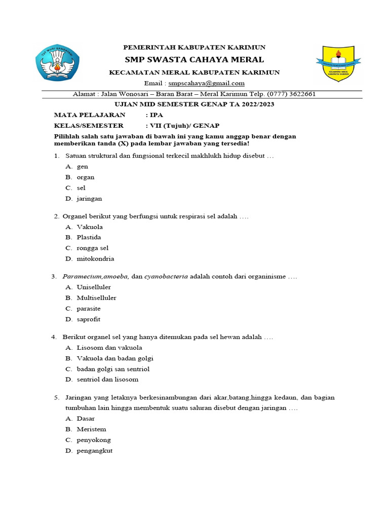 Soal PTS Genap Ipa Kelas 7 2023 | PDF | Sains & Matematika