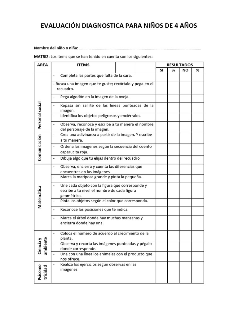 Evaluación Diagnóstica Infantil 4 Años | PDF | Juegos y actividades ...