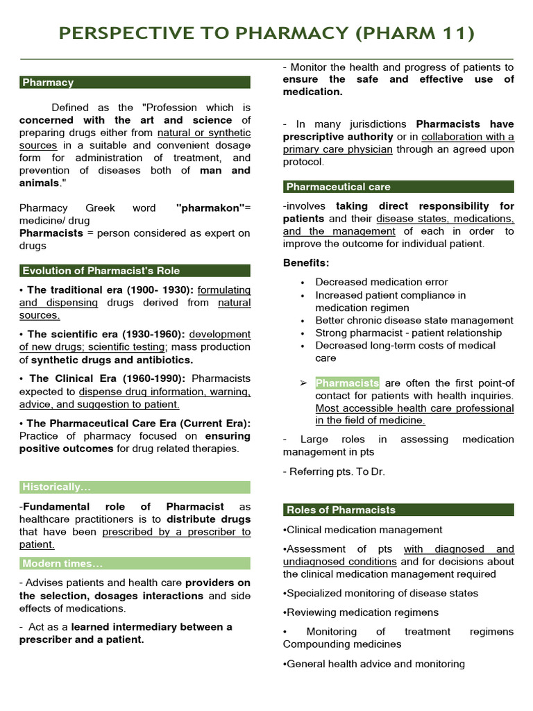 PERSPECTIVE IN PHARMACY Trans Notes | PDF | Pharmacy | Medicine