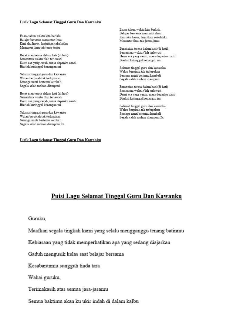 Lirik Lagu Selamat Tinggal Guru Dan Kawanku | PDF