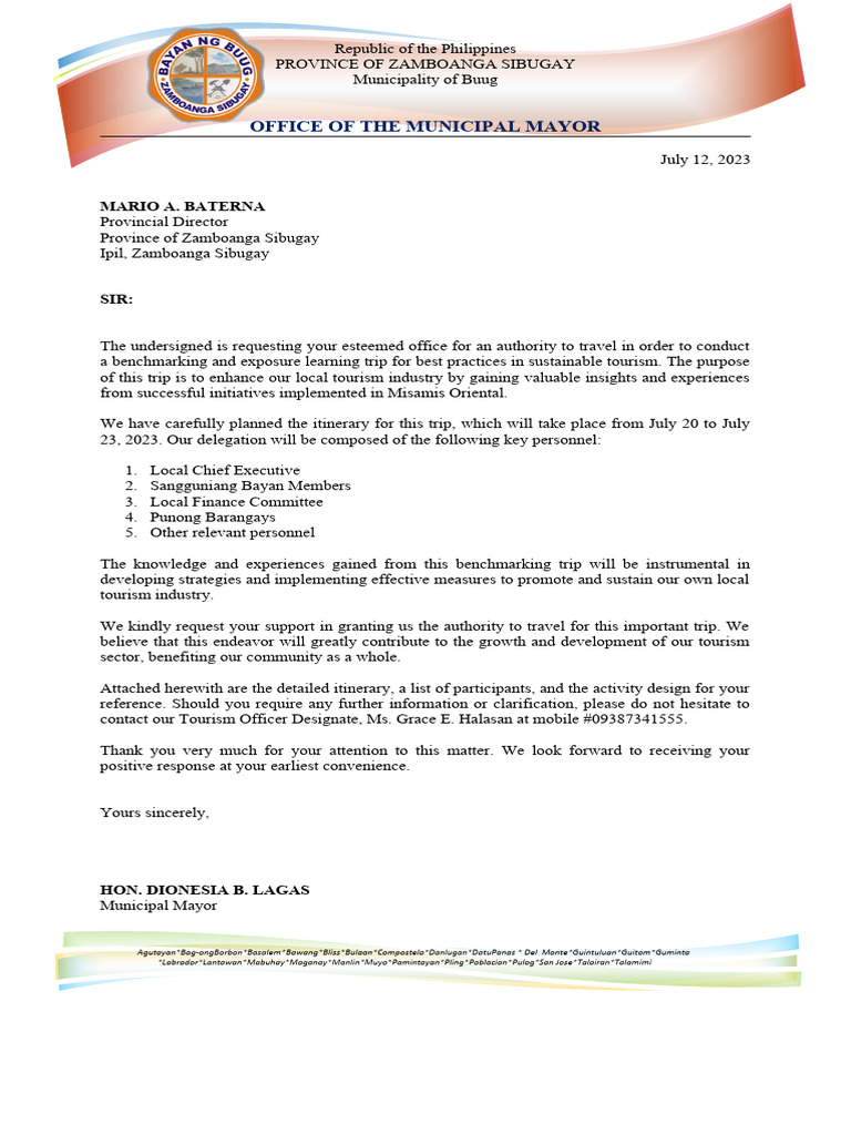 Letter Request For Benchmarking Activity at Misamis Oriental | PDF