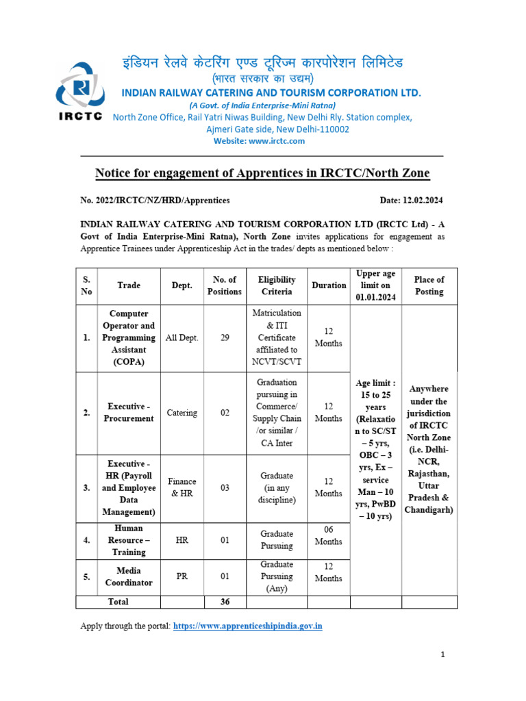 Notification IRCTC Computer Operator Posts | PDF