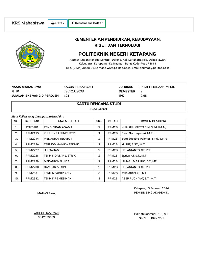 KRS Mahasiswa | PDF