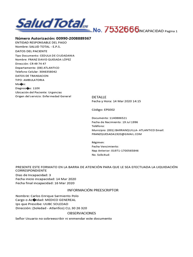 Incapacidad Salud Total | PDF