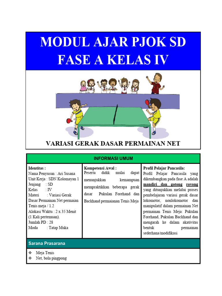 02 Modul Ajar PJOK Kelas 4 - Variasi Gerak Dasar Permainan Net (TENIS MEJA) | PDF