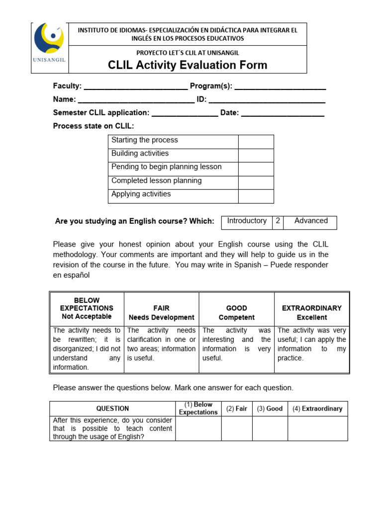 CLIL Activity Evaluation Form For Teacher | PDF | English Language | Foreign Language