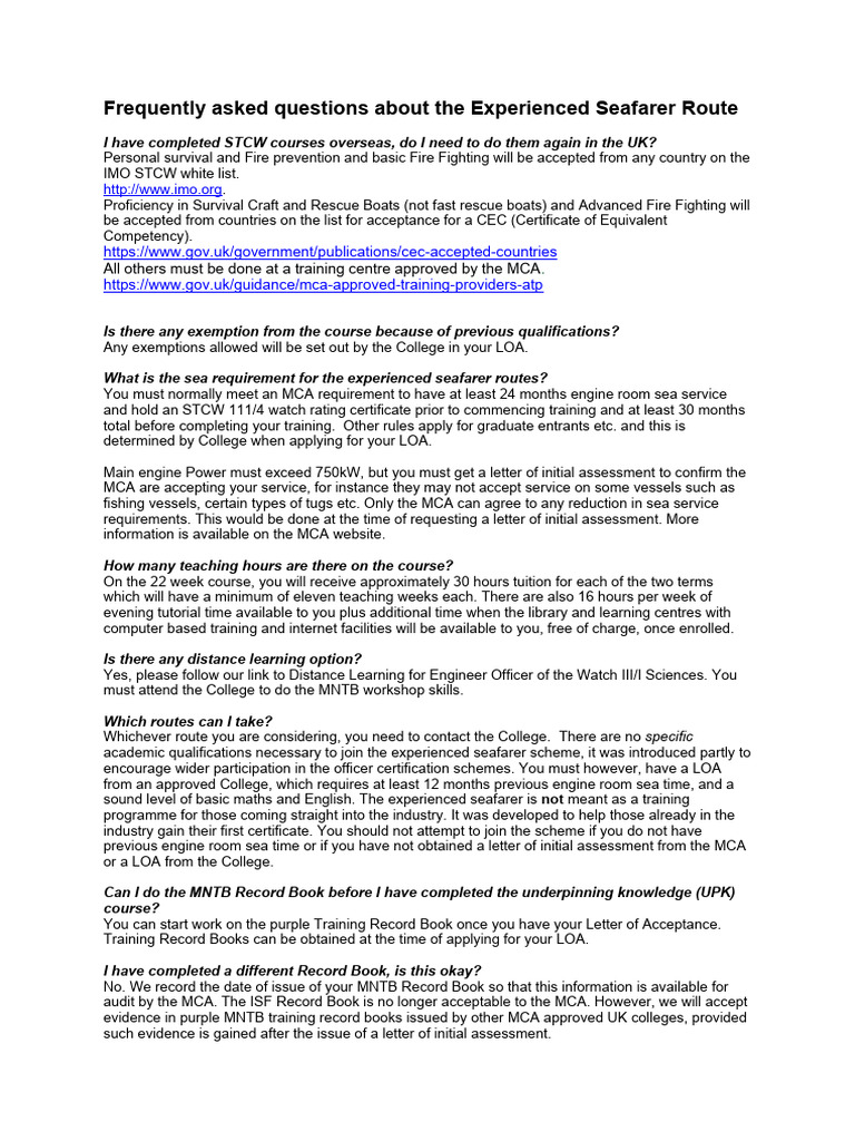 Experienced Seafarer Route FAQs Guide | PDF | Academic Degree ...