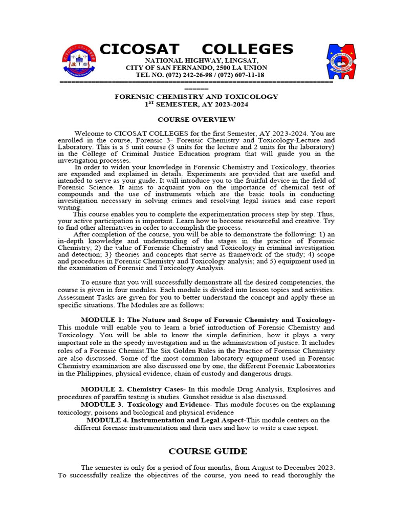 Fs 3 Forensic Chemistry and Toxicology Course Overview | PDF | Forensic Science | Toxicology