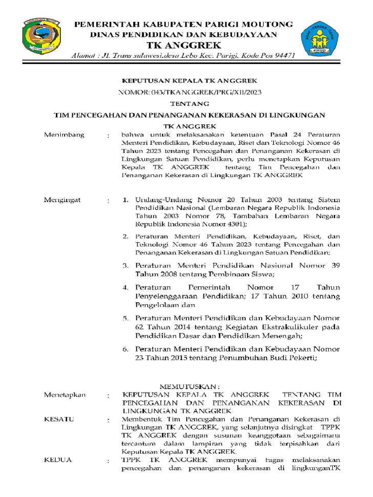 Surat TPPK TK Anggrek | PDF