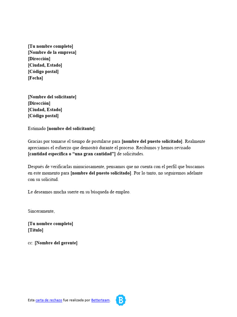 Carta de Rechazo de Solicitud Laboral | PDF