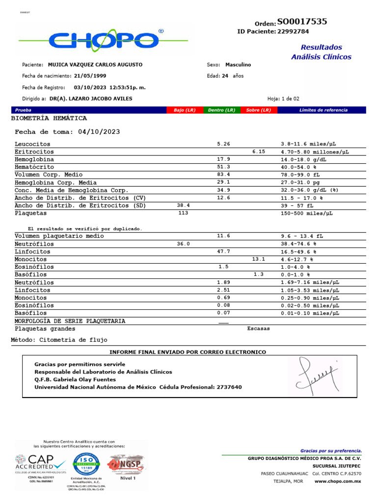 Resultados De Biometría Hemática Pdf Anatomía Inmunología