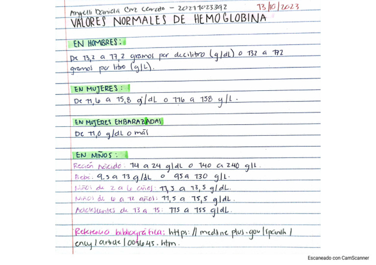 Valores Normales de Hemoglobina, Angelli Cruz | PDF