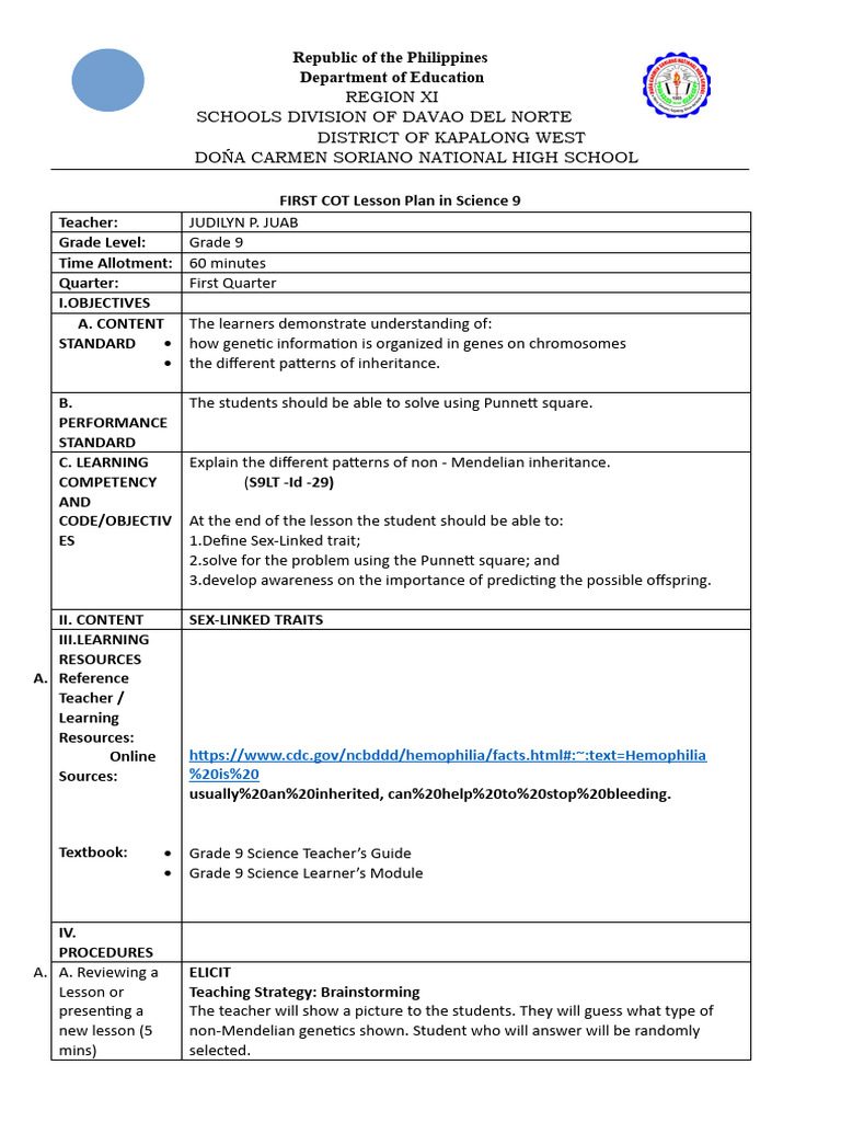 FIRST COT Lesson Plan in Science 9 | PDF | Genotype | Genetics