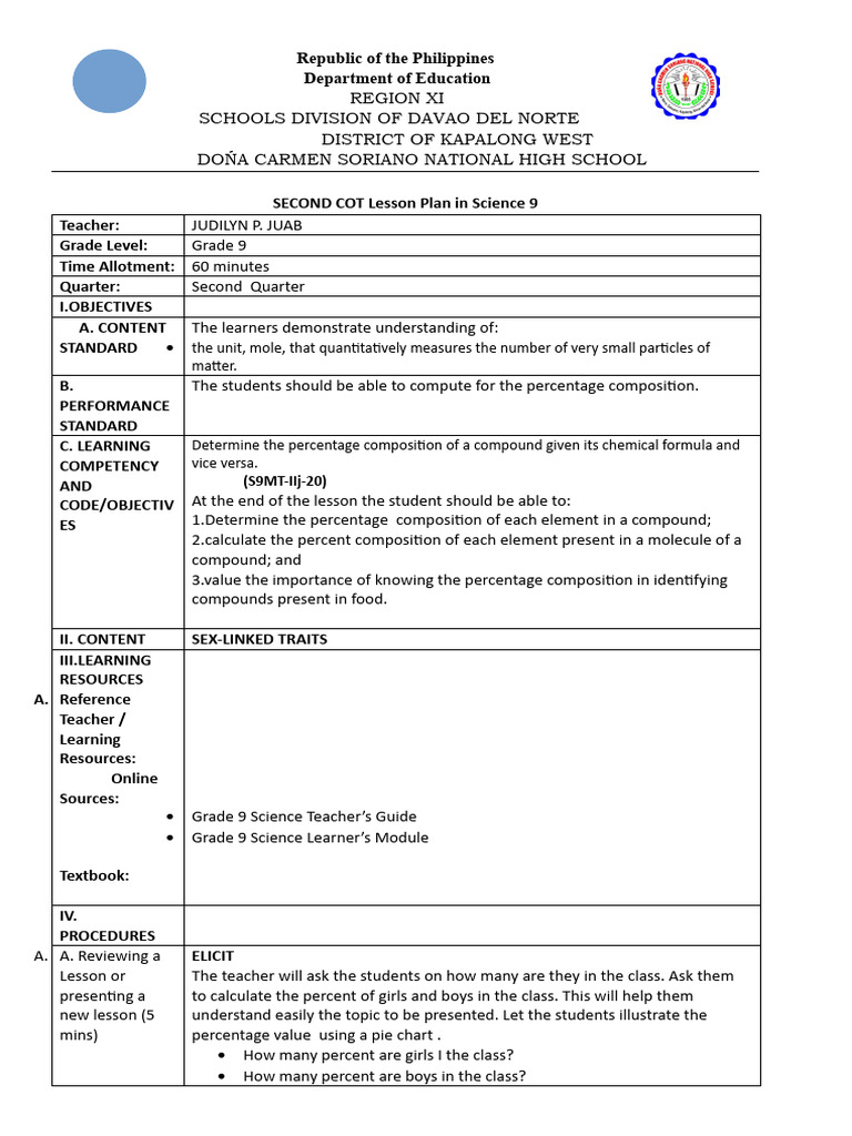 SECOND COT Lesson Plan in Science 9 | PDF | Chemical Elements | Glucose