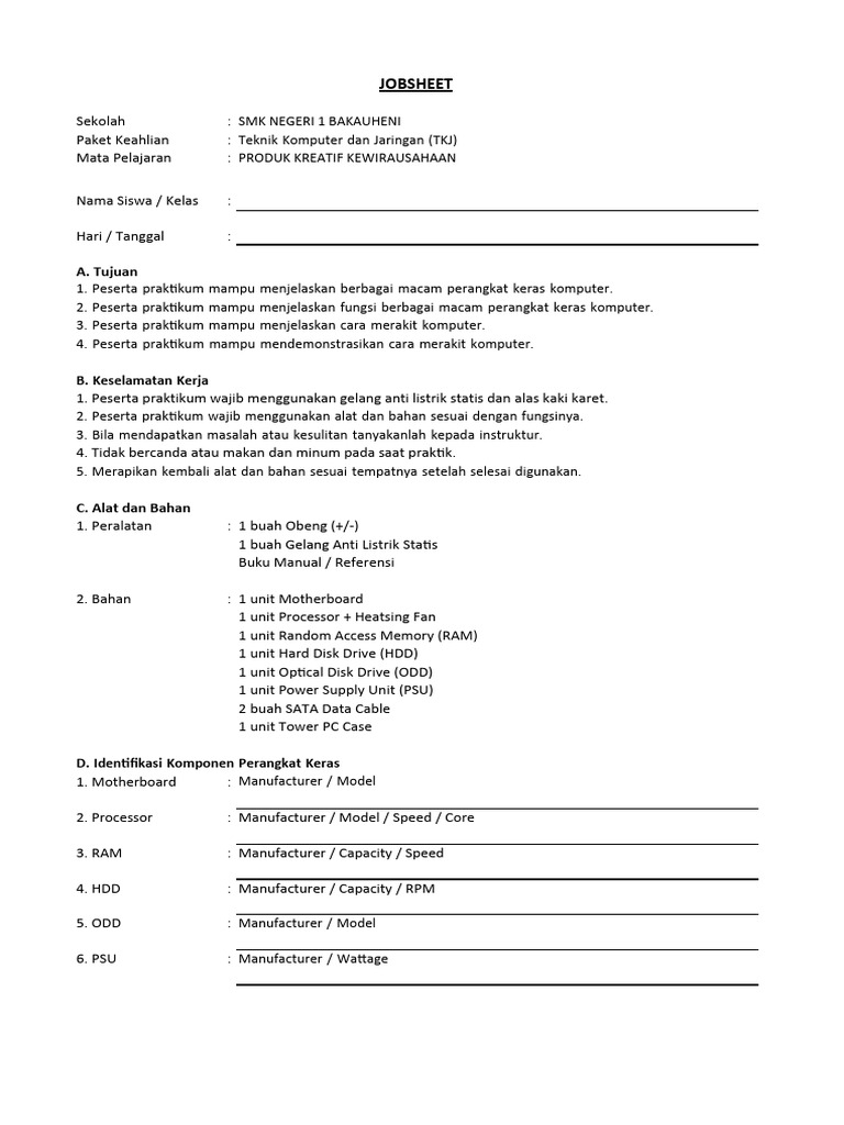 Jobsheet Untuk Membuat Suatu Projek Perakitan Komputer | PDF | Komputer