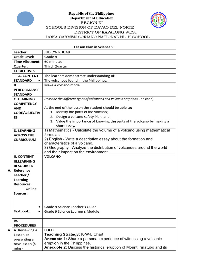 Grade 9 Science: Volcanoes Lesson Plan | PDF | Volcano | Types Of ...