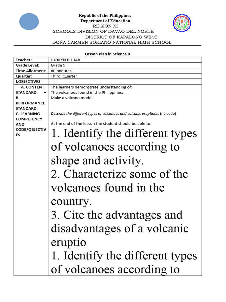 Grade 9 Volcanoes Lesson Plan | PDF | Volcano | Types Of Volcanic Eruptions