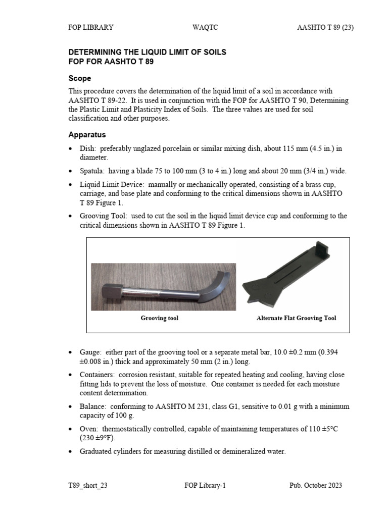 Determining The Liquid Limit of Soils Fop For Aashto T 89 Scope | Download Free PDF | Civil ...