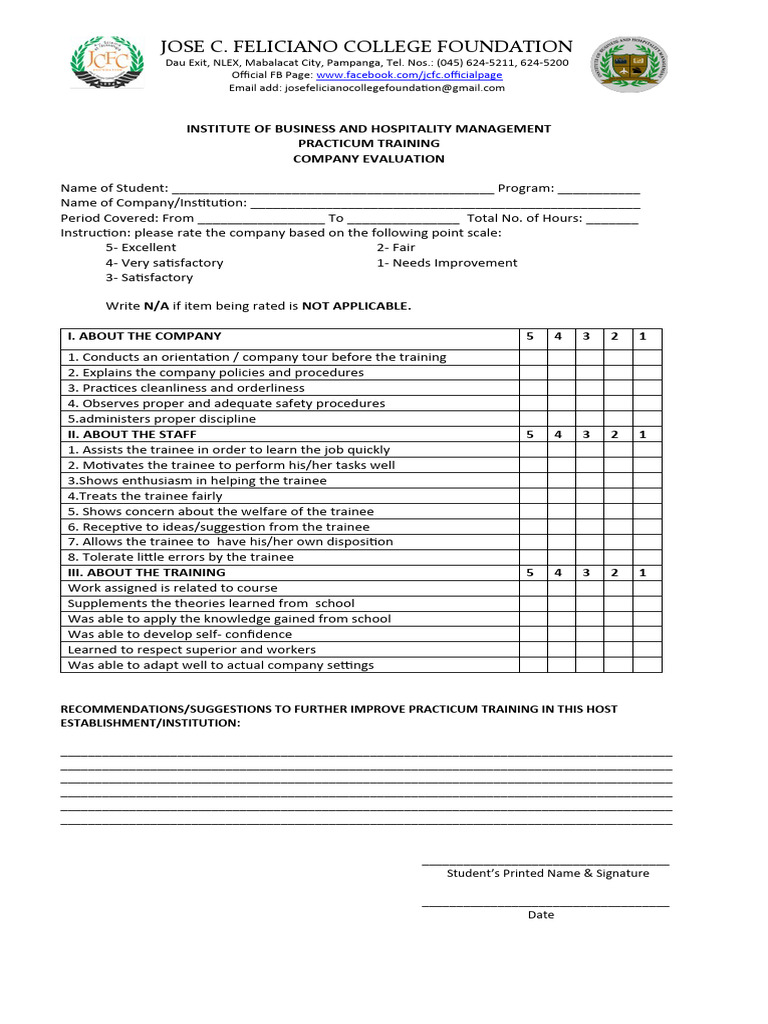 Company Evaluation Form For Practicum | PDF | Behavioural Sciences | Learning