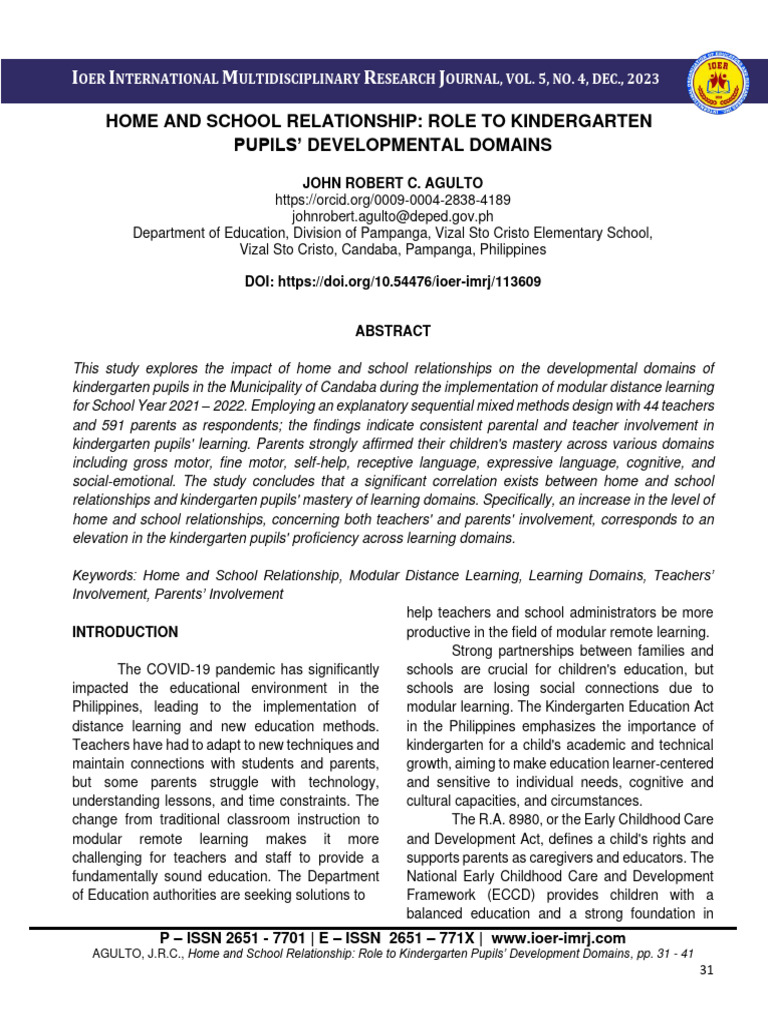Home and School Relationship Role To Kindergarten Pupils' Developmental ...