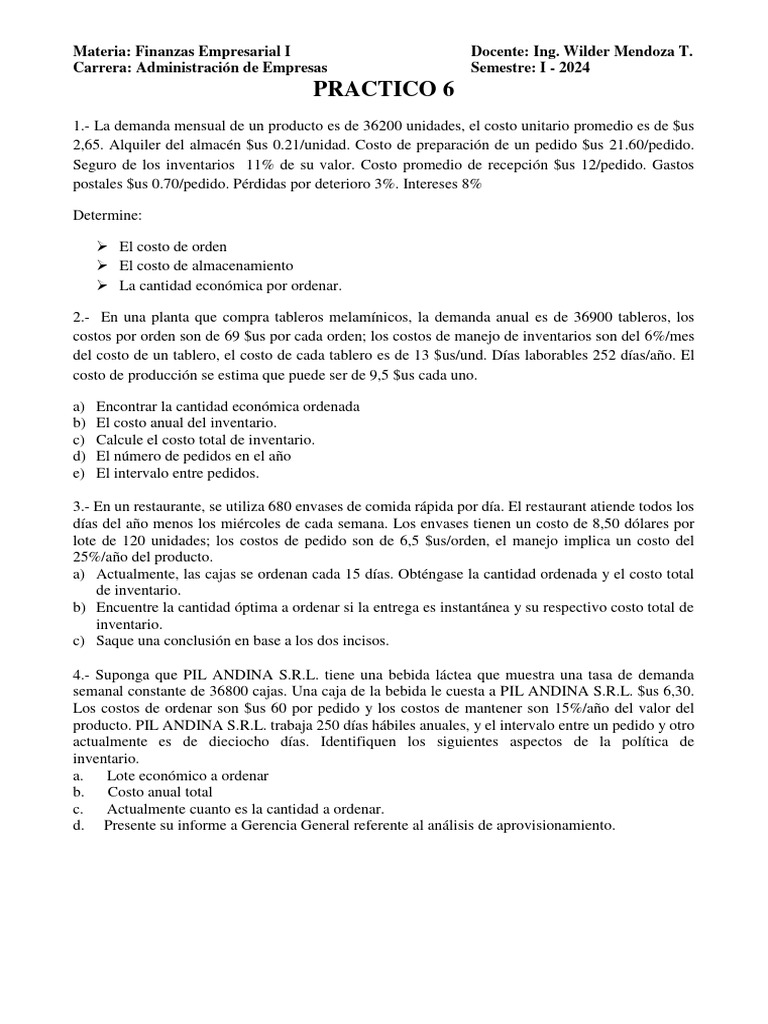 Practico 6 Finanzas Empresarial I Upds | PDF | Inventario | Economias