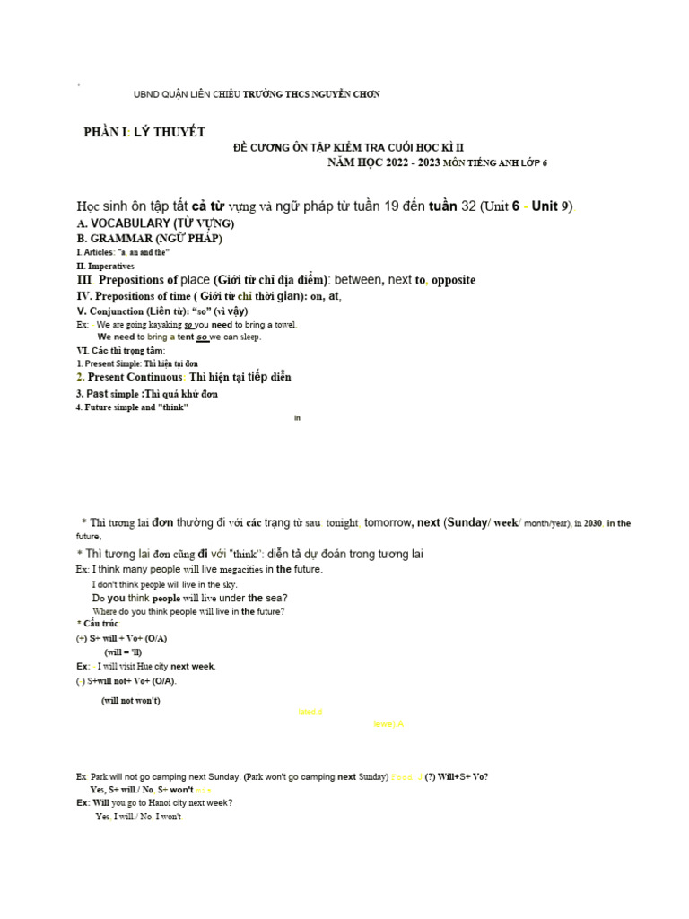 đề Cương Cuối Kì 2 Anh 6 Pdf