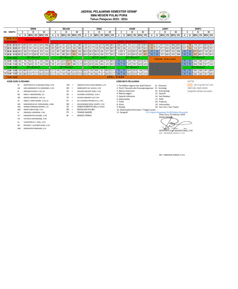 Jadwal Pelajaran SMTR Genap Tapel 2023-2024 | PDF