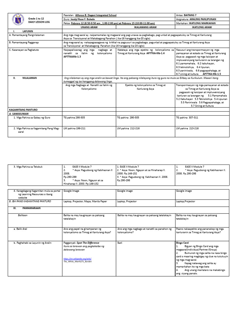 Grade 7 - DLL 4-6 Araling Panlipunan | PDF
