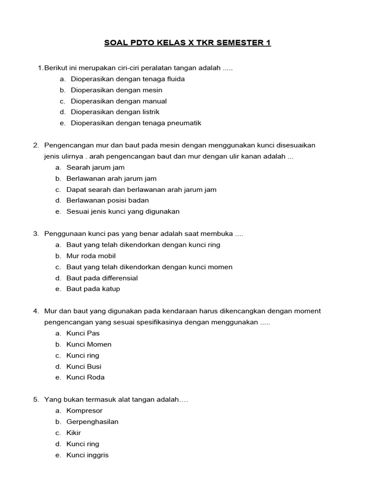 Soal Pdto Kelas X TKR Semester 1 | PDF | Teknologi & Rekayasa
