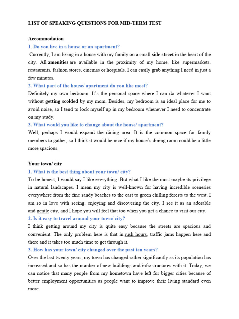 Mid-Term Speaking Questions Guide | PDF | Cost Of Living | Internet