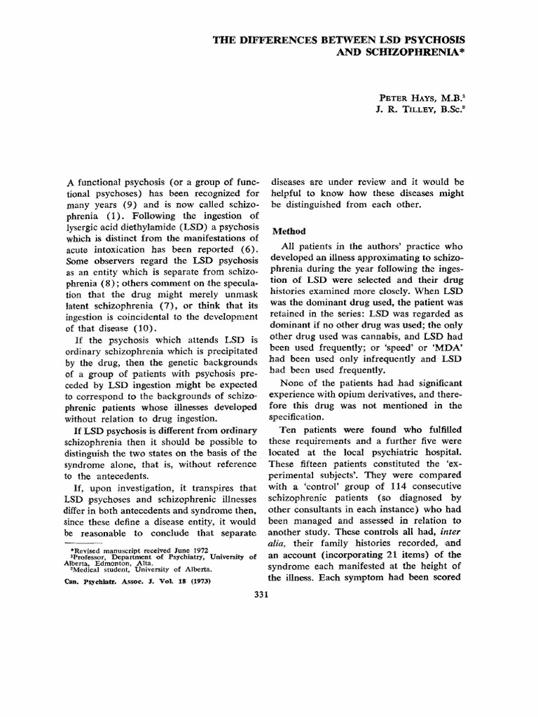 Hays Tilley 1973 The Differences Between LSD Psychosis and ...