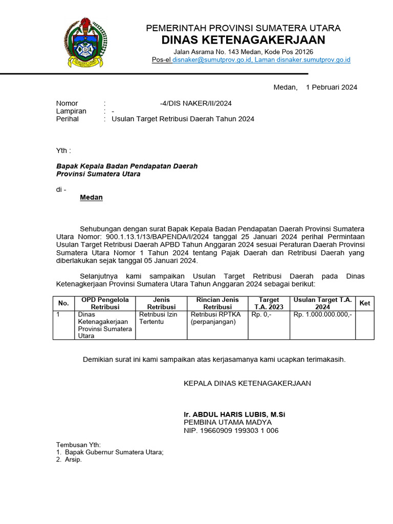 Surat Usulan Target Retribusi 2024 | PDF