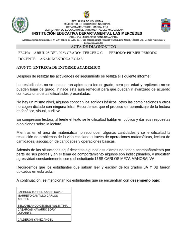 Acta de Diagn (Ostico Inicial | PDF | Aprendizaje