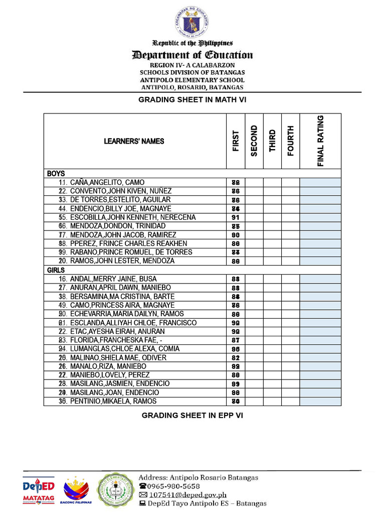 Grade VI Math Grading Sheet 2024 | PDF