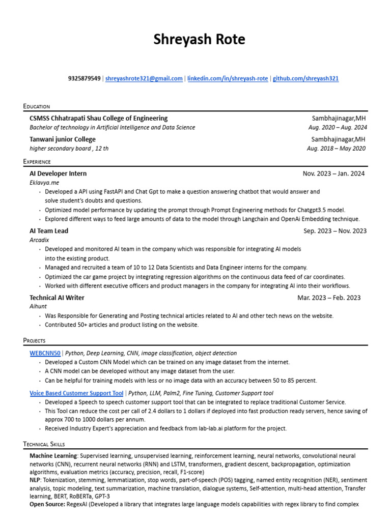 Shreyash Resume | PDF | Artificial Intelligence | Intelligence (AI) & Semantics