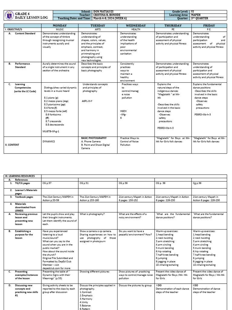 DLL - Mapeh 6 - Q3 - W6 | PDF | Physical Education