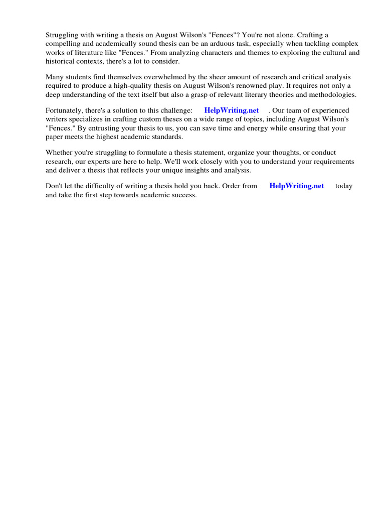 August Wilson Fences Thesis | PDF | Fences (Play)