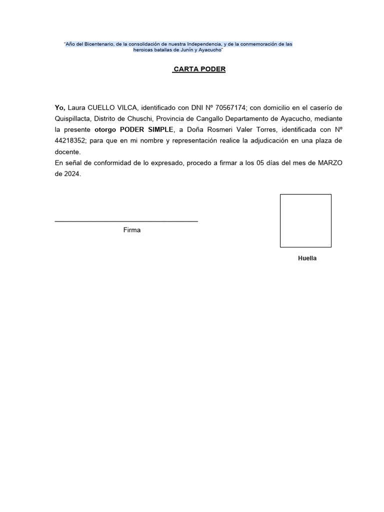 Formato de Carta Poder Simple.docx | PDF