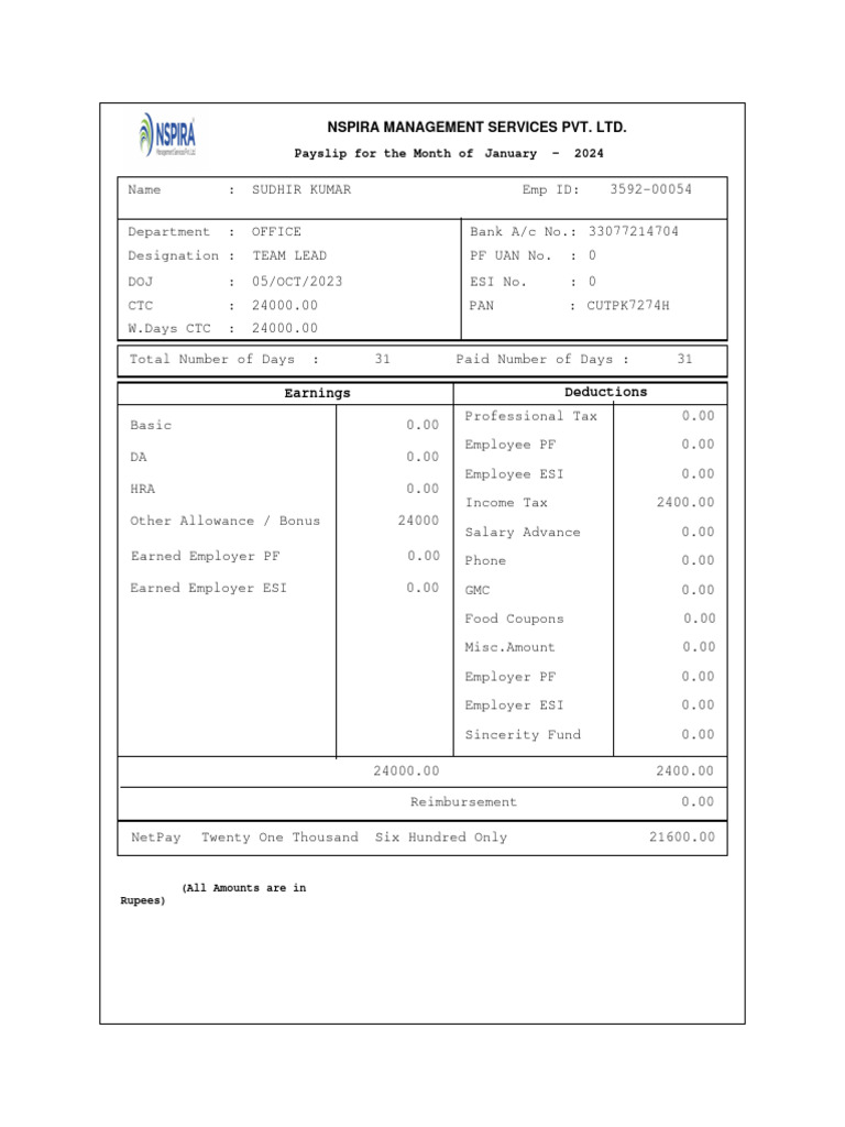 January 2024 Payslip for Sudhir Kumar | PDF