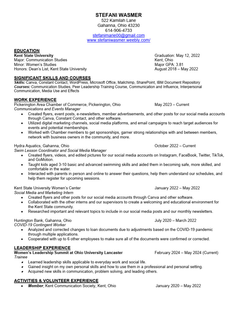 Stefani Wasmer Resume Final | PDF | Social Media | Popular Culture ... Stefani Wasmer Resume Final | PDF | Social Media | Popular Culture ...