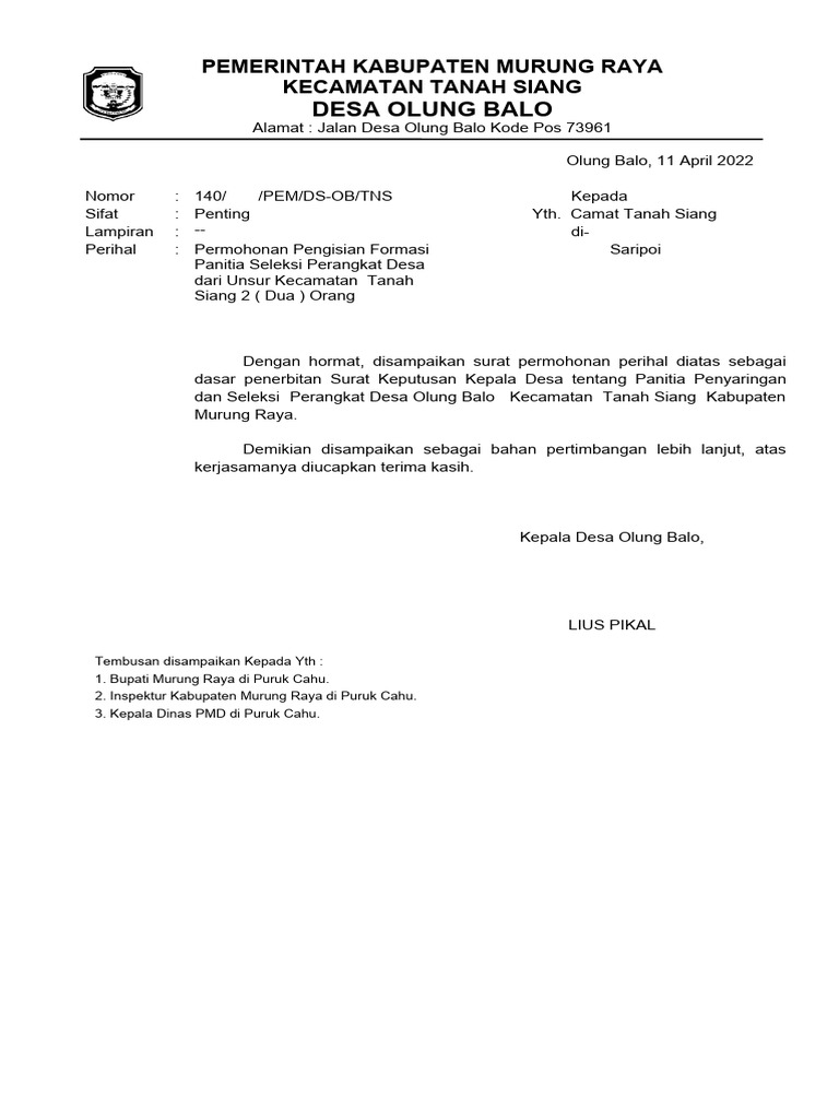 Permohonan Pengisian Formasi Panitia Seleksi Perangkat Desa&SPT | PDF