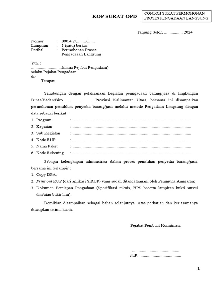 Format Permohonan Pengadaan Langsung PPK KE PEJABAT PENGADAAN | PDF