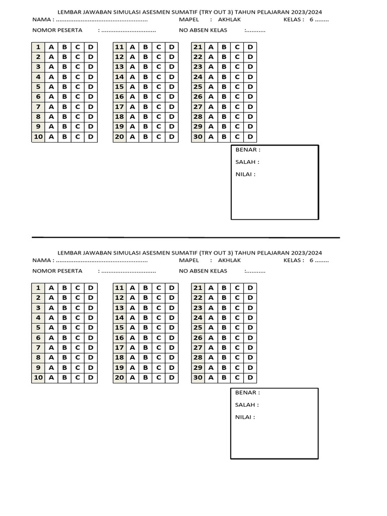 Lembar Jawaban Try Out Pas Pts BARU | PDF